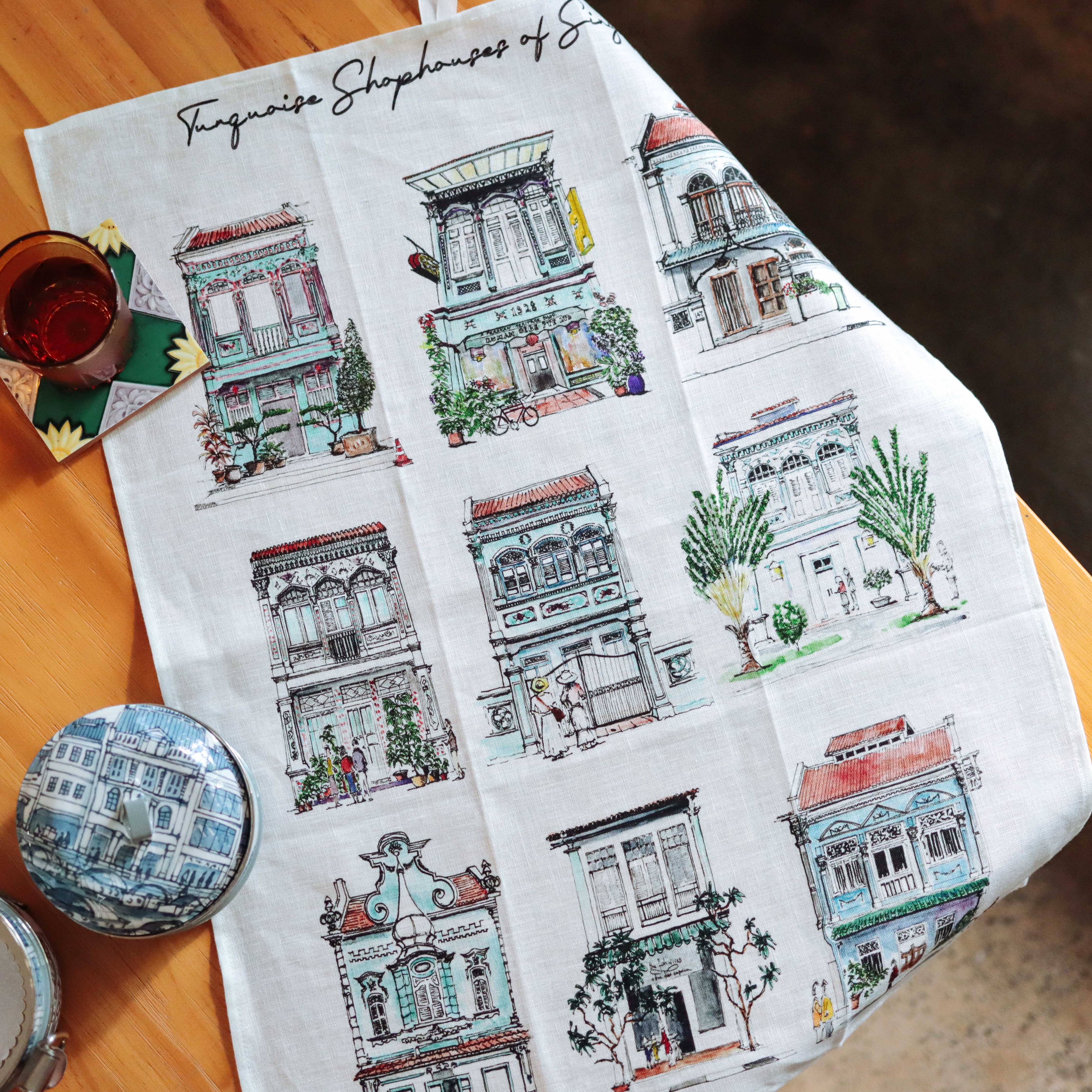 Ginger Lily | Turquoise Shophouses Linen Tea Towel – Independent Market